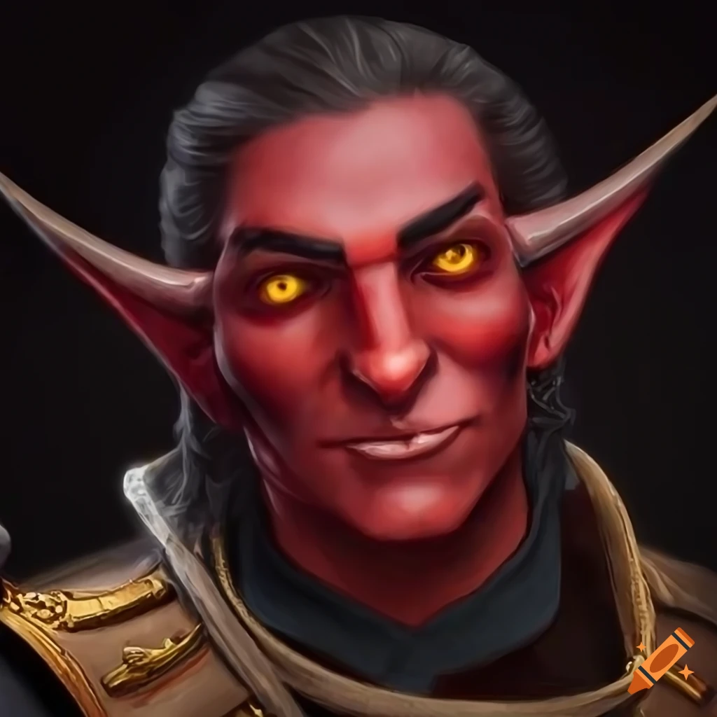 Portrait of a male hobgoblin artificer in red armor on Craiyon