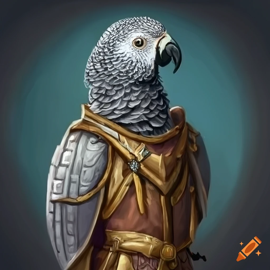 Detailed artwork of a anthropomorphic parrot in cleric cloak and armor ...