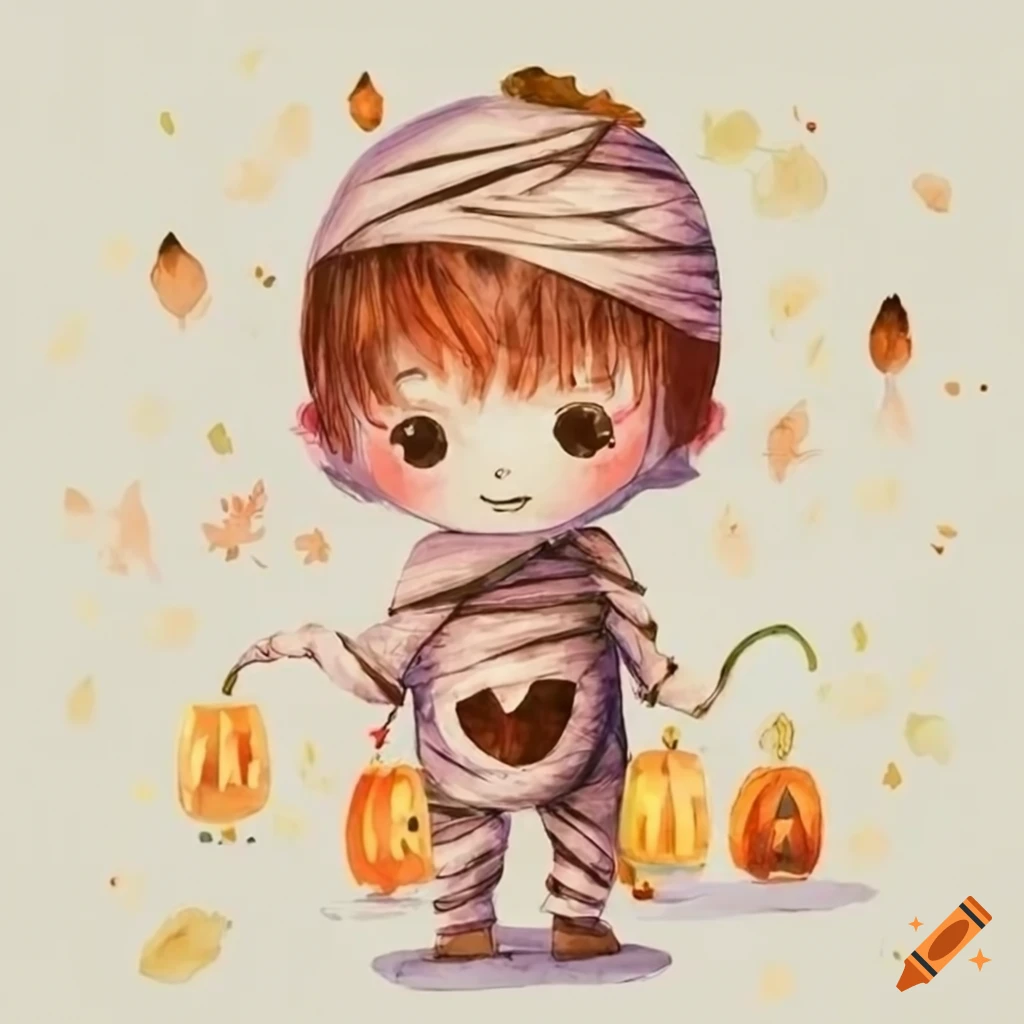 Watercolor illustration of a cute kid in mummy costume holding a ...