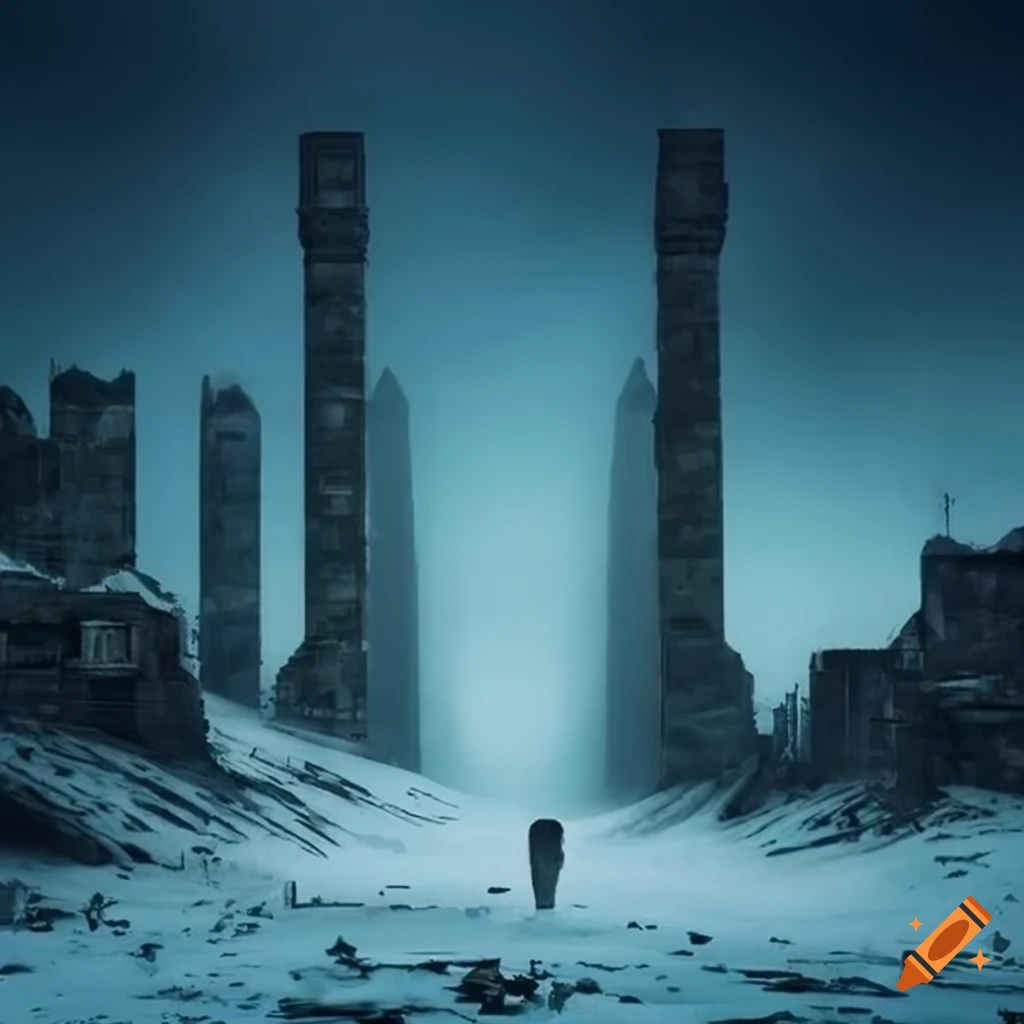 Surreal ruins of an industrialized civilization in a desolate landscape ...
