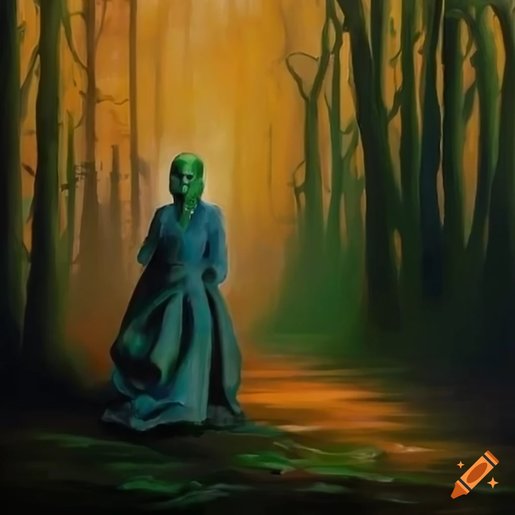 Painting of Peter Boyle carrying Madeline Kahn in the forest on Craiyon