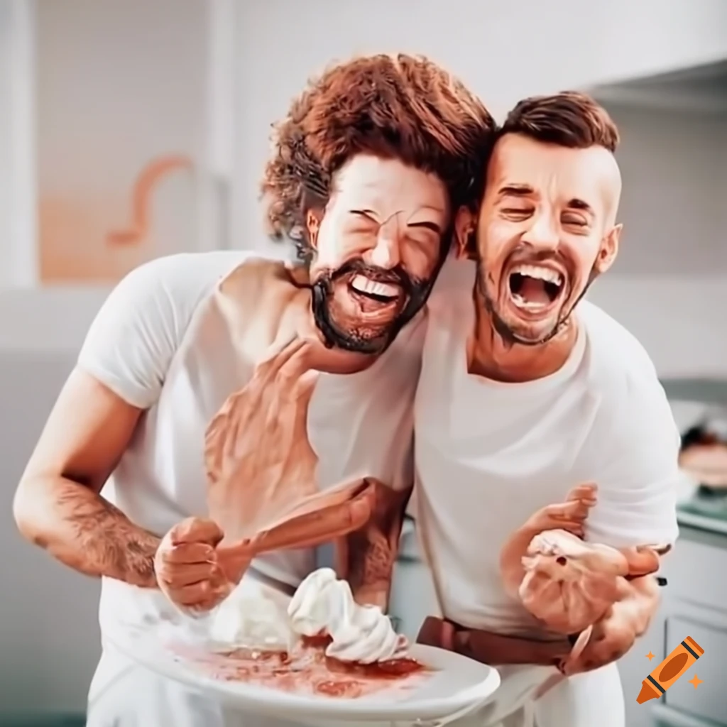 Two men having fun with whipped cream in the kitchen on Craiyon