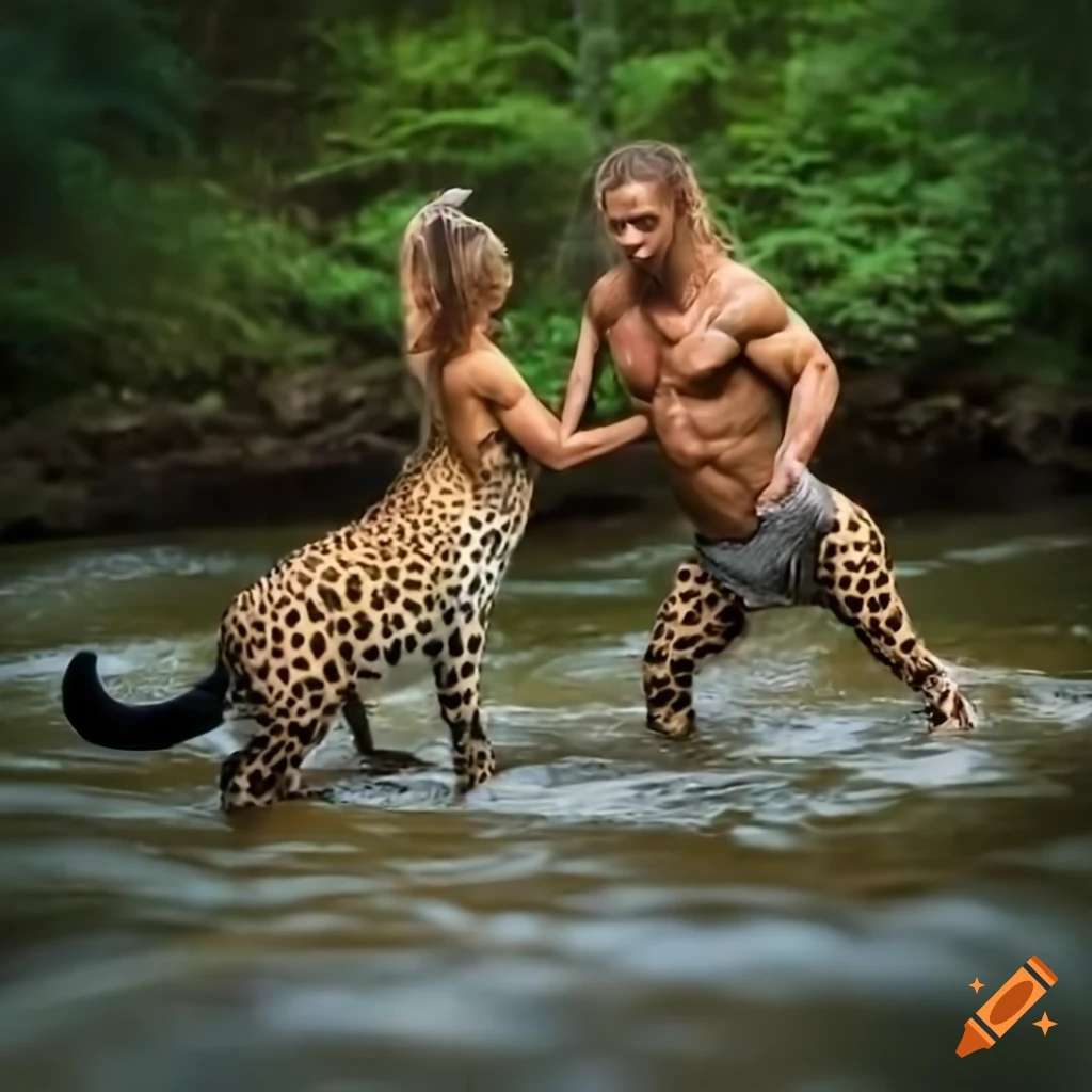 Cinematic photo of two young leopard centaurs playing in a forest river ...