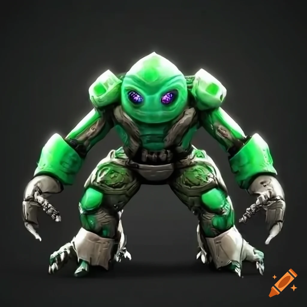 Image of a futuristic cyborg turtle in green and white armor on Craiyon
