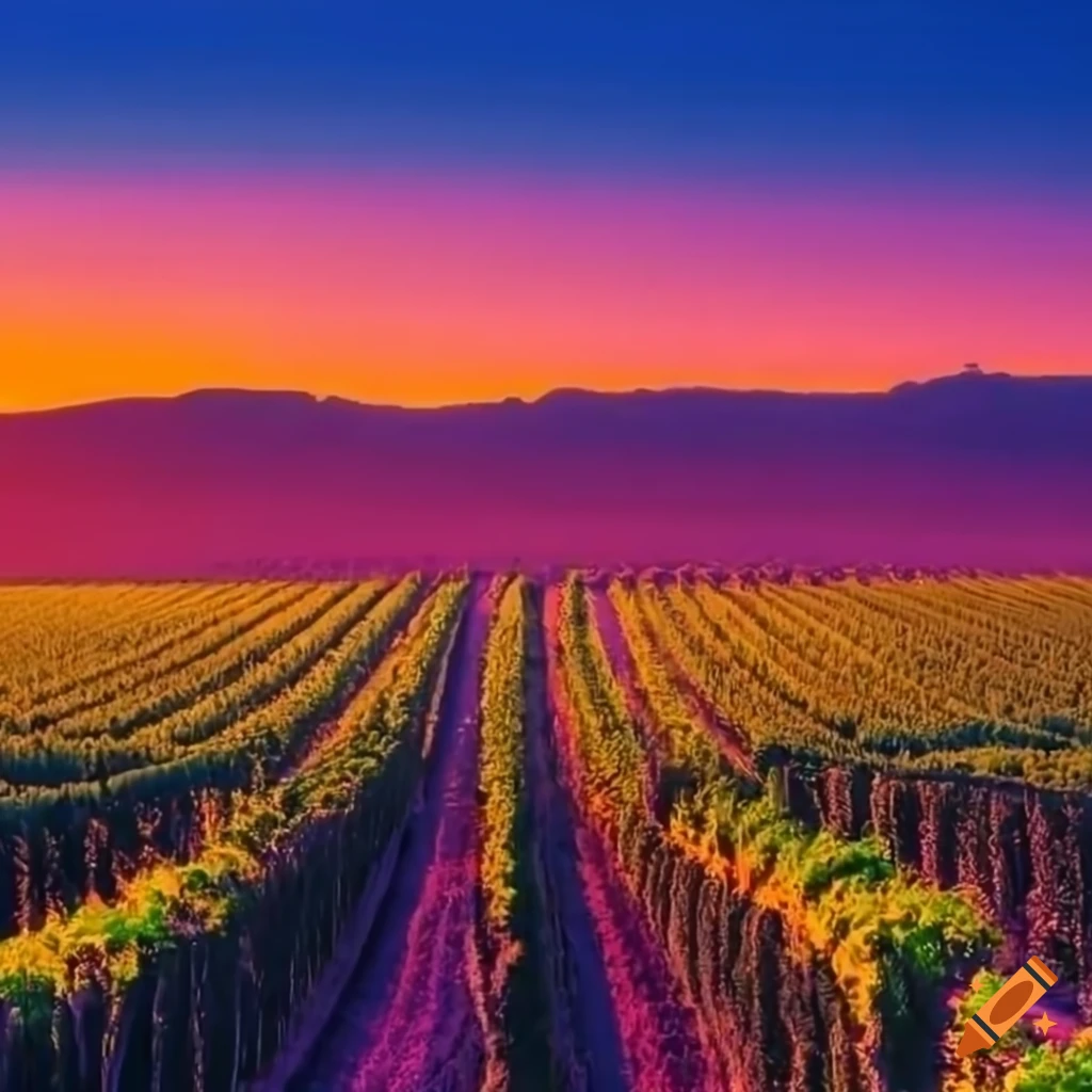 Stunning sunset over a grape field on Craiyon