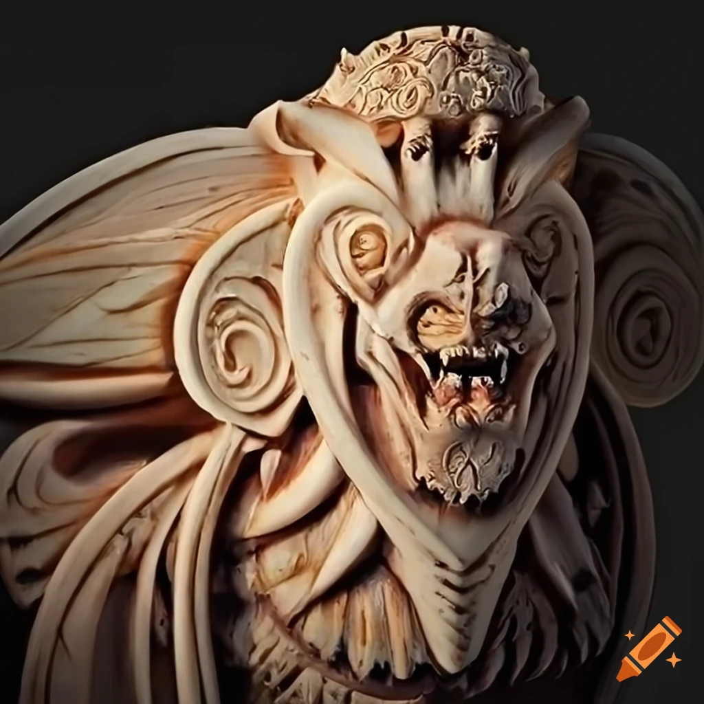 Detailed ivory carving with moth werewolf motif on Craiyon