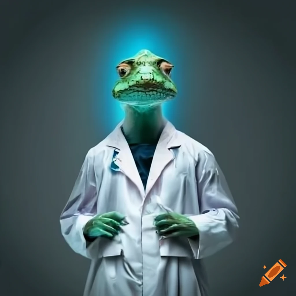 Image of a lizard man in a lab coat