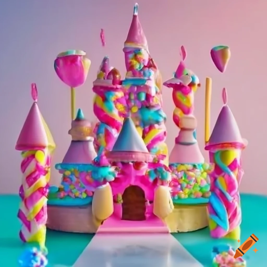 Image of a candy castle surrounded by sugary treats on Craiyon
