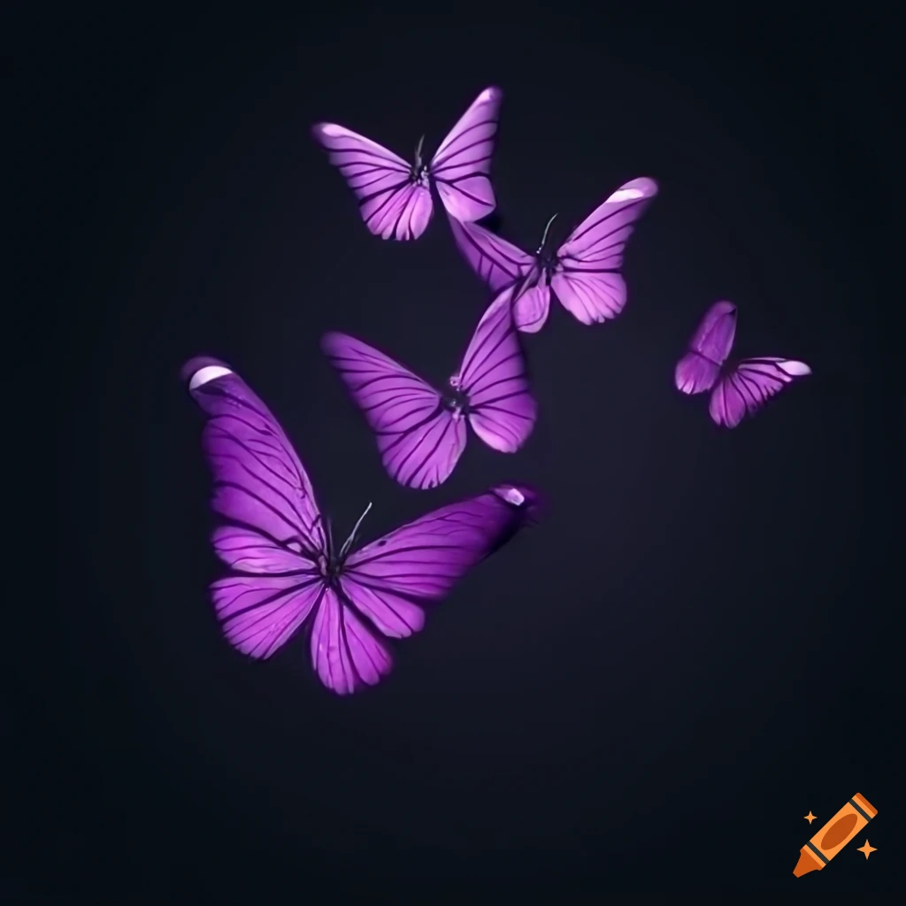 Purple butterflies flying on black background on Craiyon