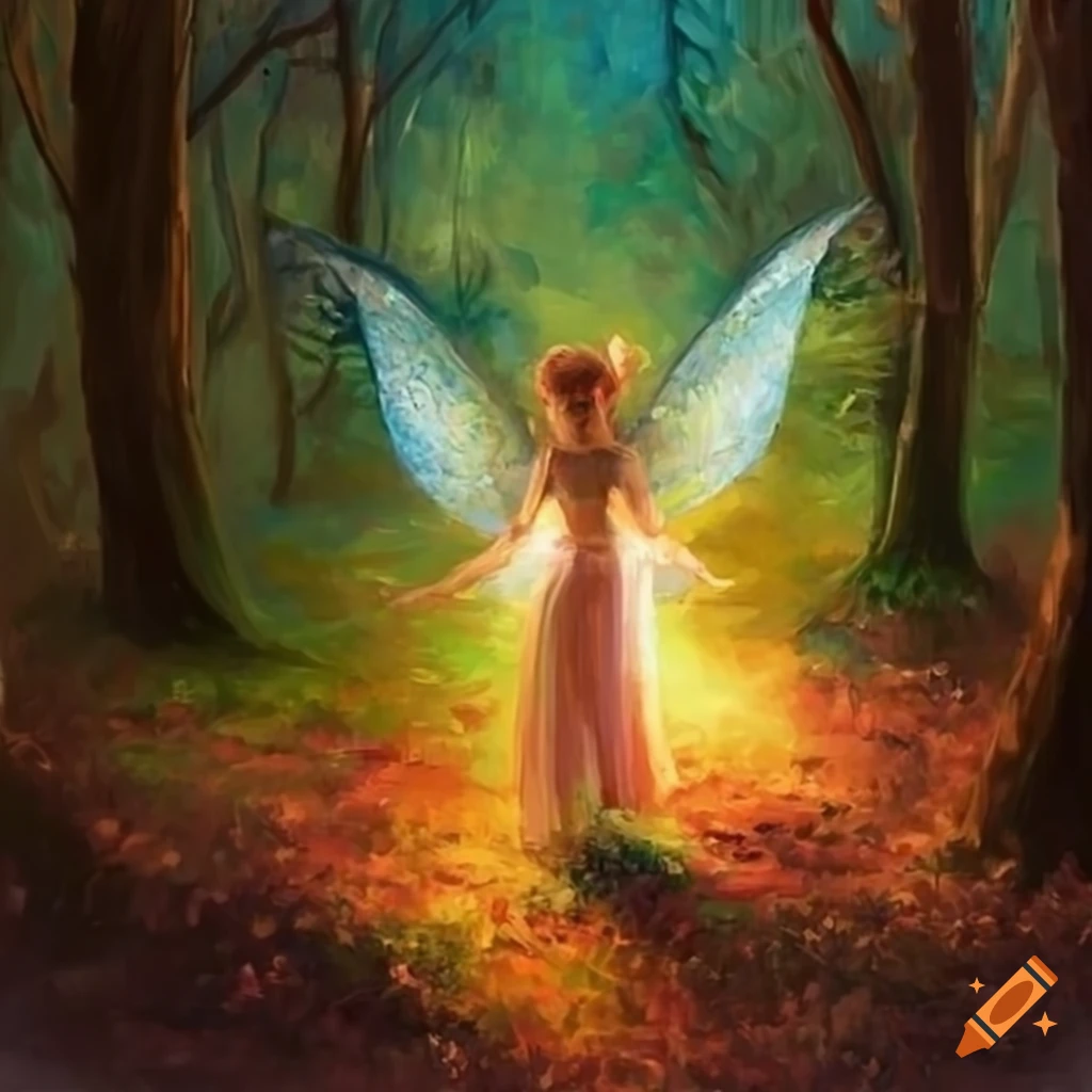 Oil painting of a smiling fairy flying through a forest at sunrise on ...