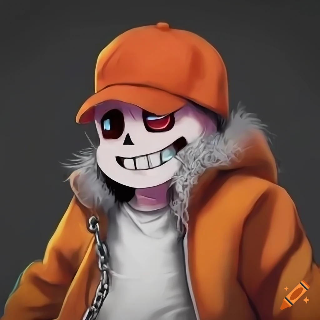 Fanart of undertale sans wearing orange jacket and red cap on Craiyon