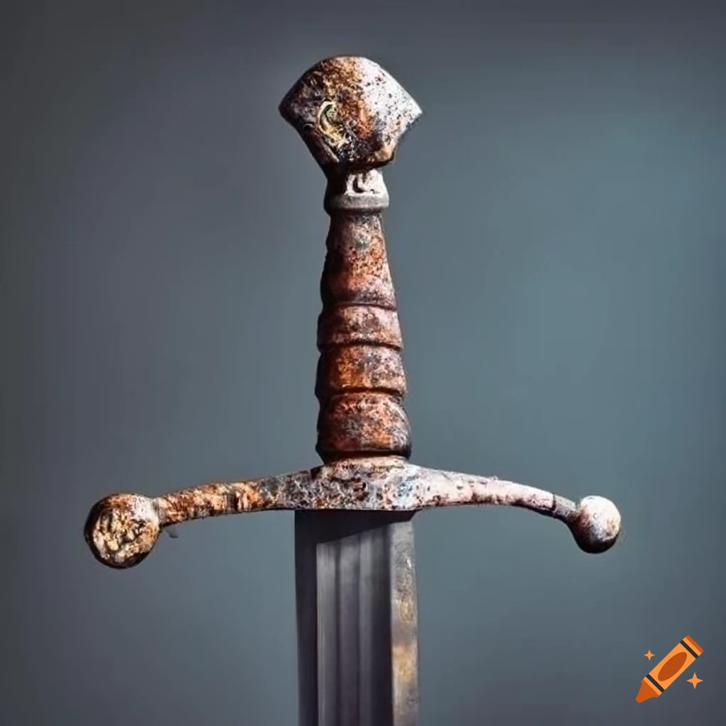 Grungy silver background with a rusty roman sword hilt on Craiyon