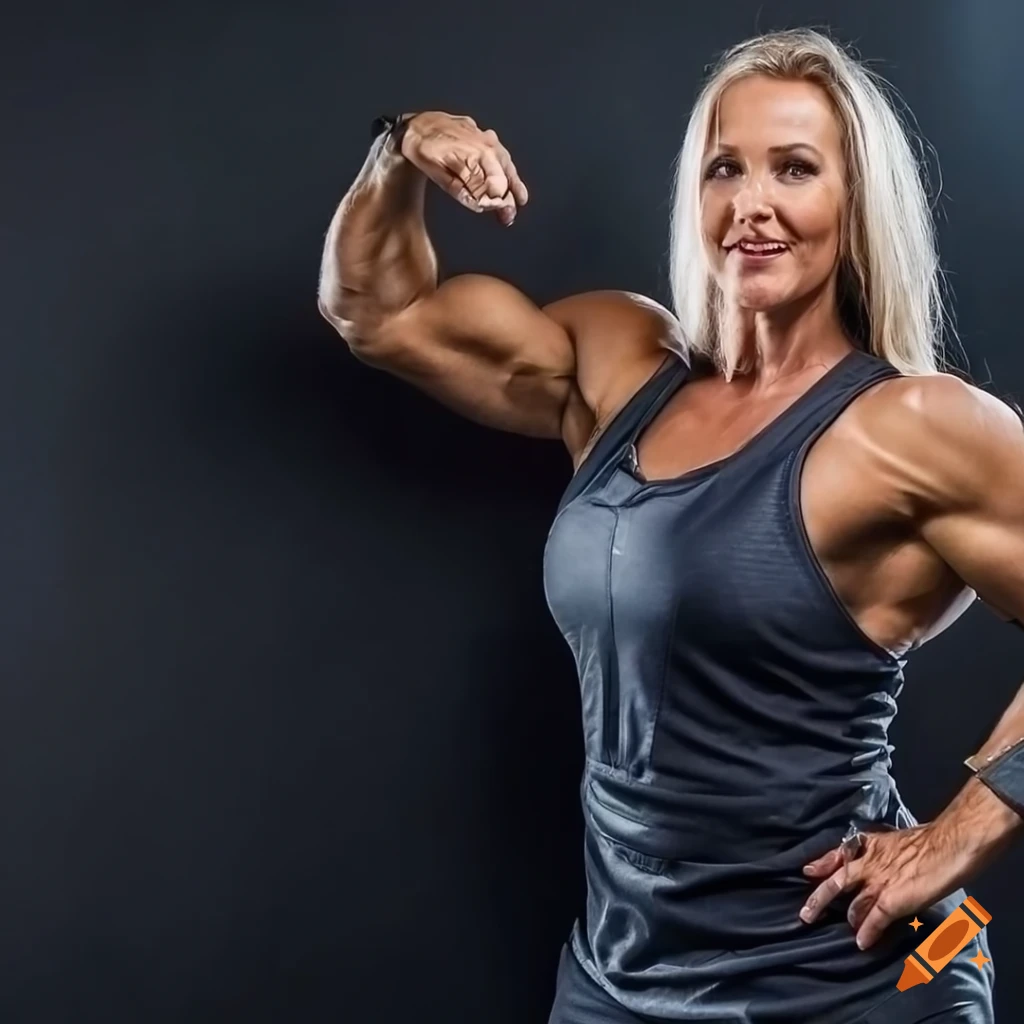 Confident 65-year-old businesswoman flexing muscles on Craiyon