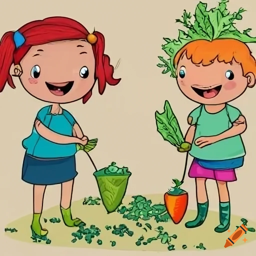 Children planting vegetables with a friendly carrot on Craiyon