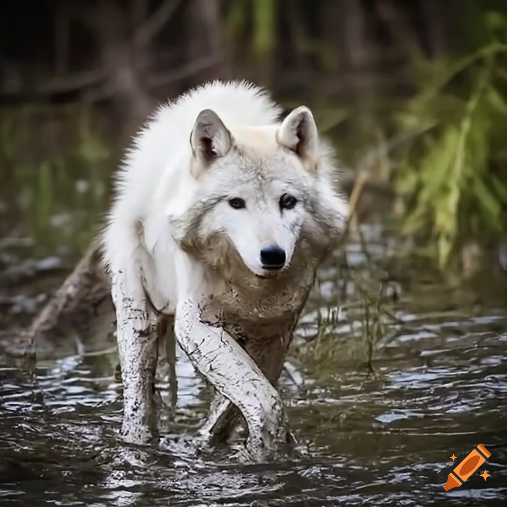 Muddy white wolf enjoying in the swamp on Craiyon