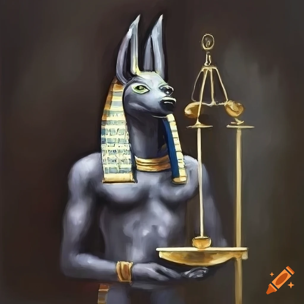 Black and white oil painting of Anubis holding weighing scales on Craiyon