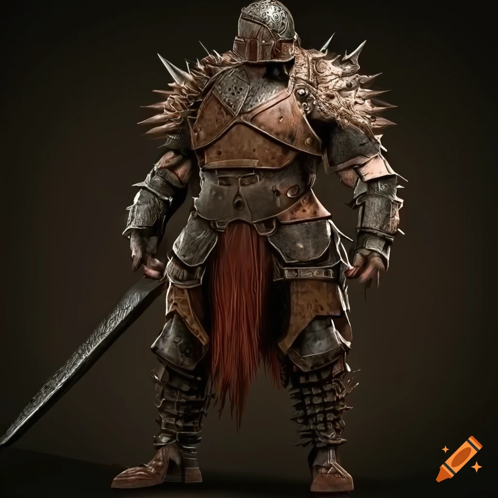 Photorealistic illustration of a rusted robot knight in spiked plate ...