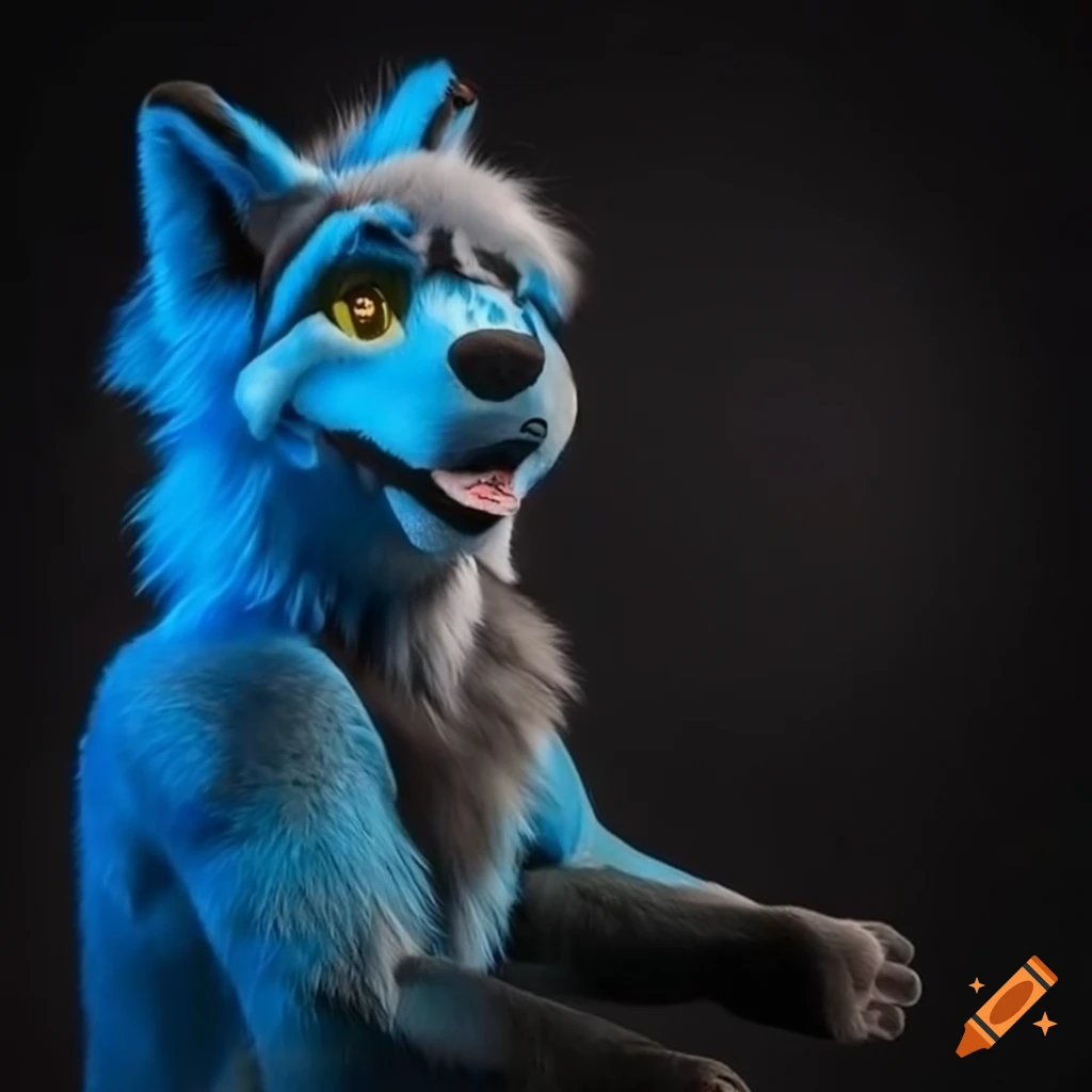 Photo of a realistic blue-and-gray male wolf fursuit on Craiyon