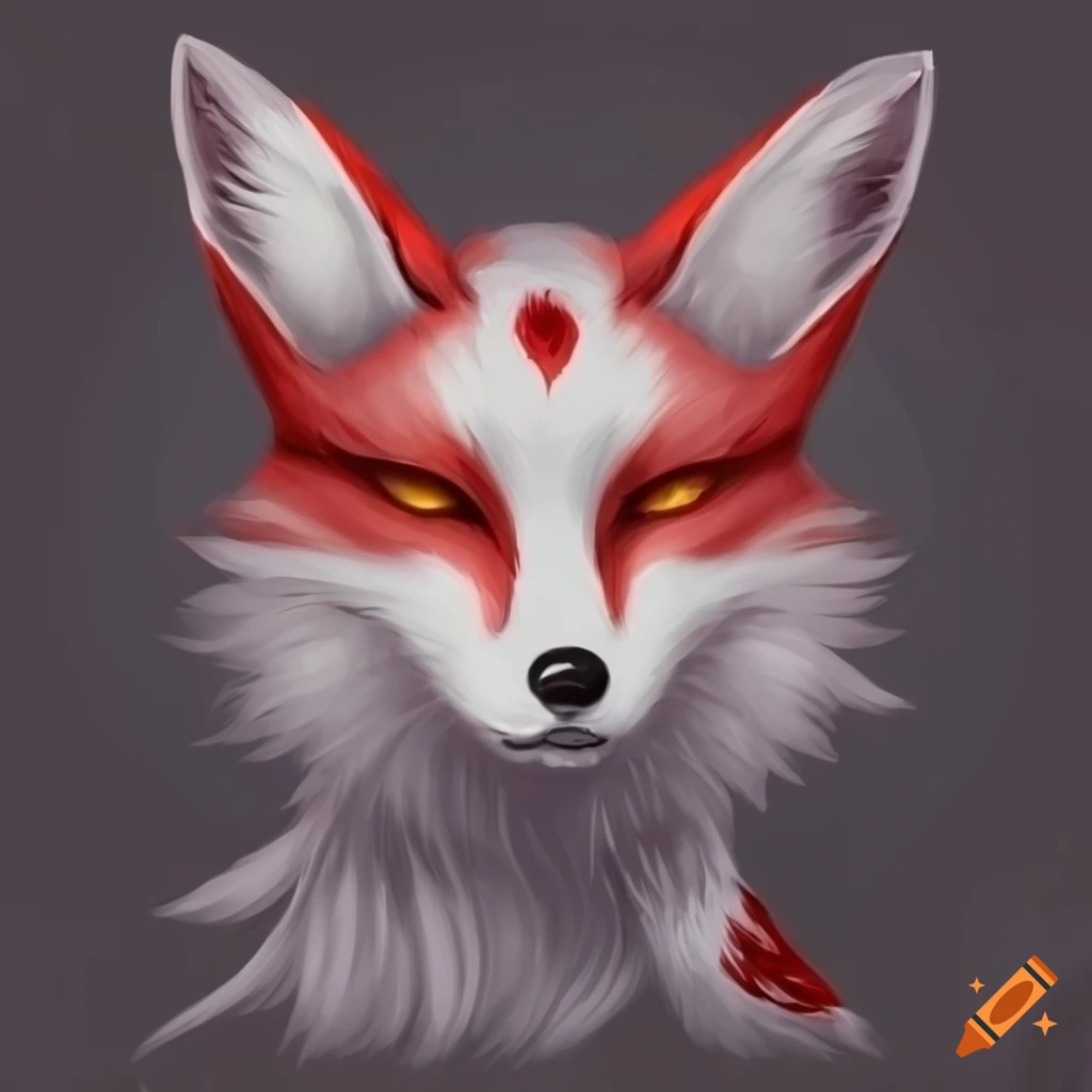Artistic style of a grey and red kitsune fox on Craiyon