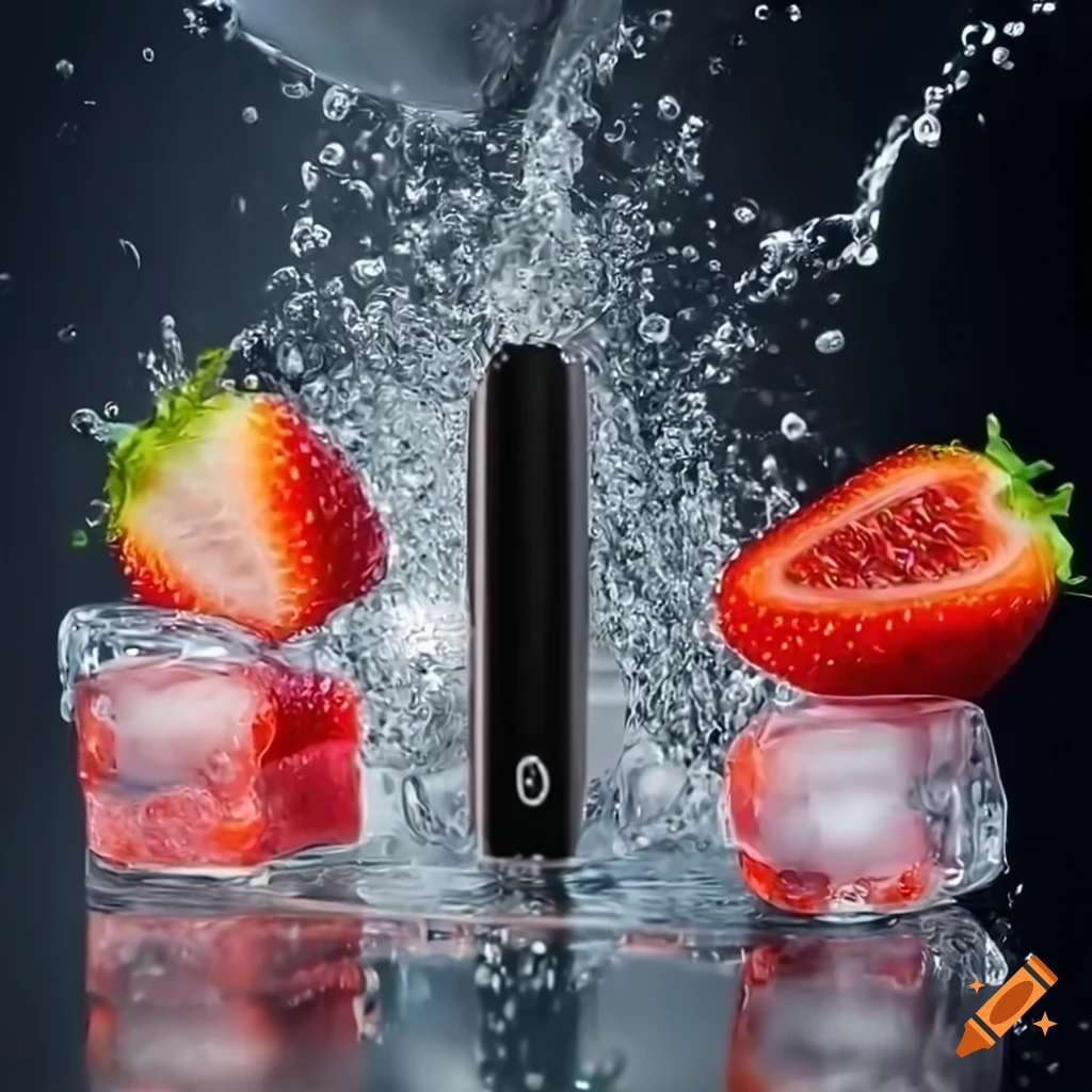 Vape device surrounded by falling strawberries and ice cubes on Craiyon