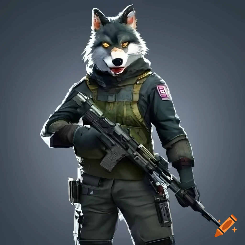 Realistic depiction of a wolf in spec ops uniform on Craiyon