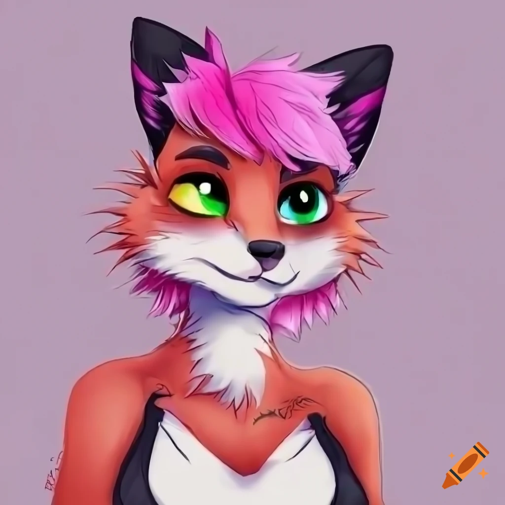 Cute vroid style fursona of a pink and black fox-cat hybrid