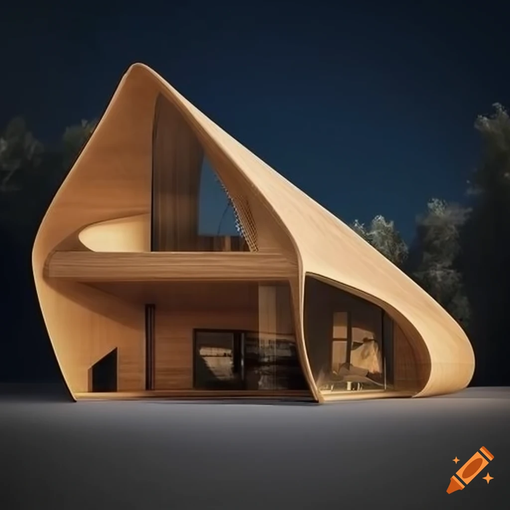 Rendering of a Zaha Hadid timber tiny house on Craiyon