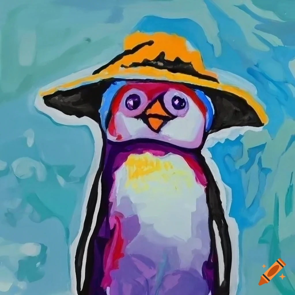 Vibrant fauvism painting of a penguin with a hat on Craiyon