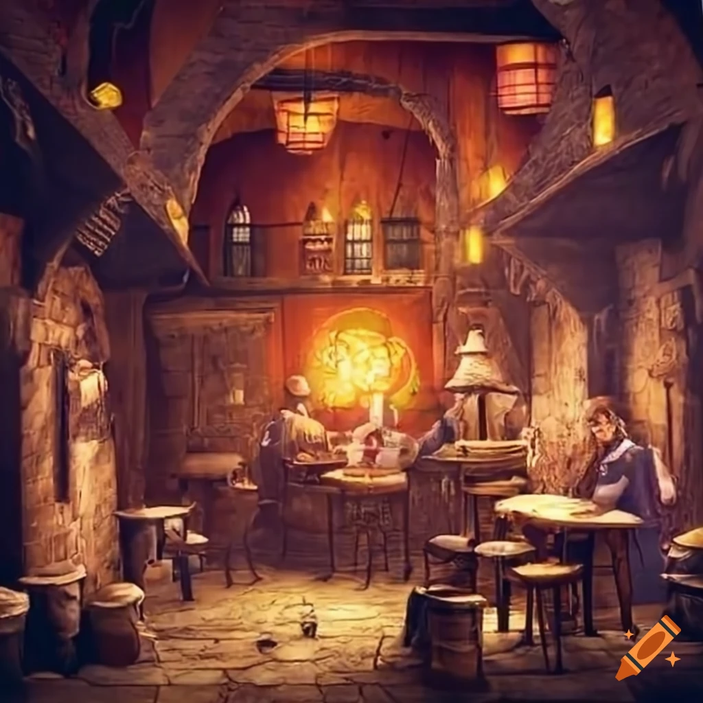 Lively medieval tavern scene on Craiyon