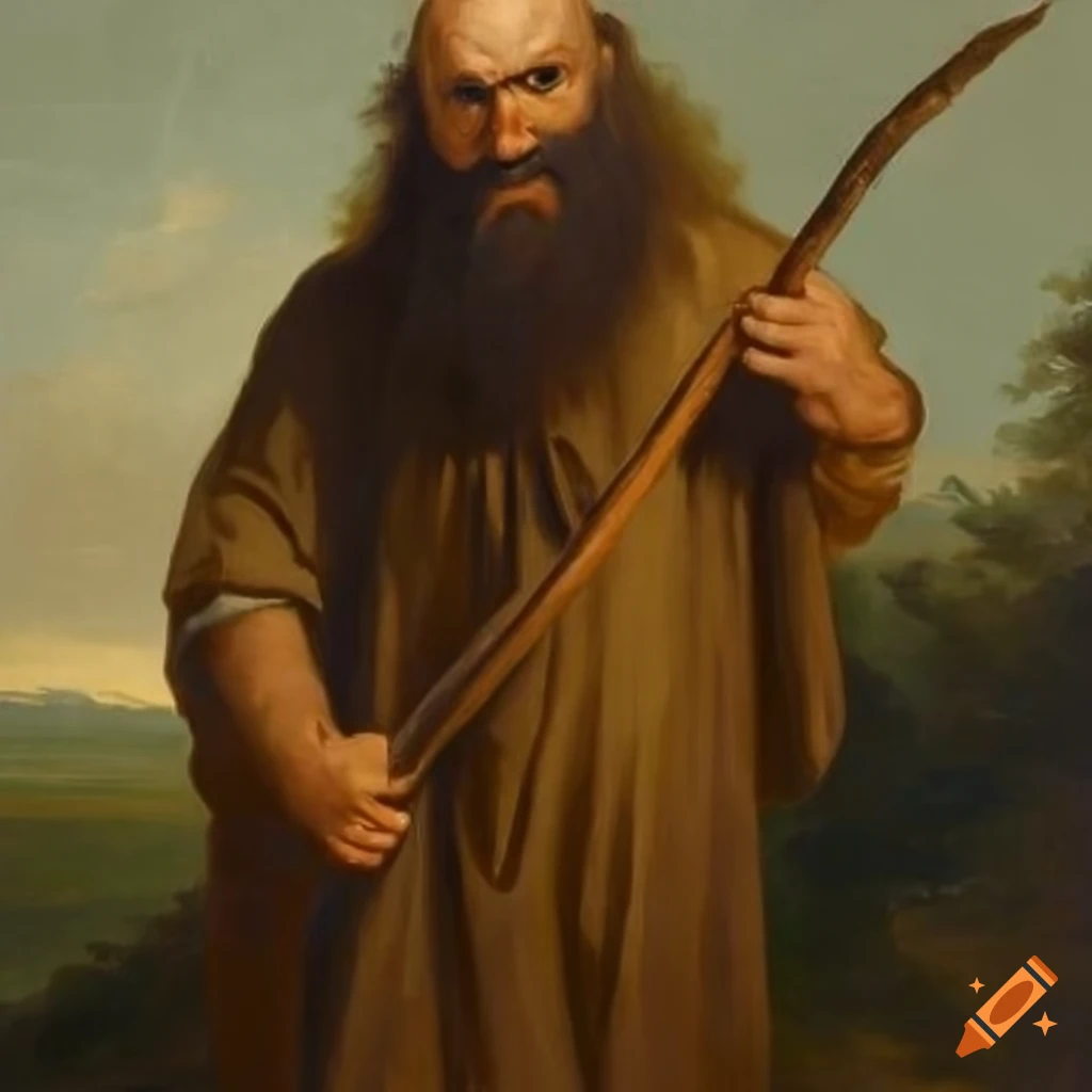 Oil painting of a bearded hermit in a hill on Craiyon