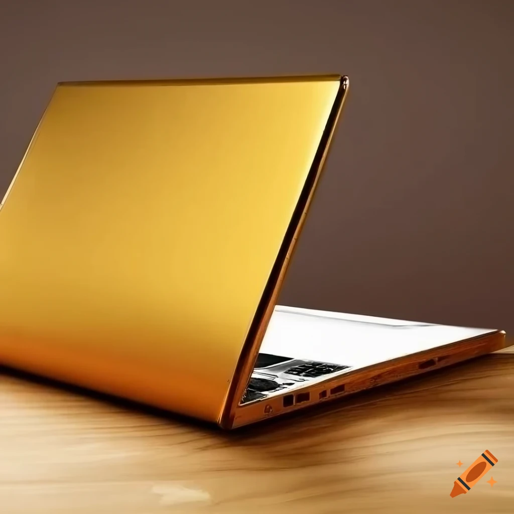 Highly detailed photograph of a gold laptop on a wooden desk on Craiyon