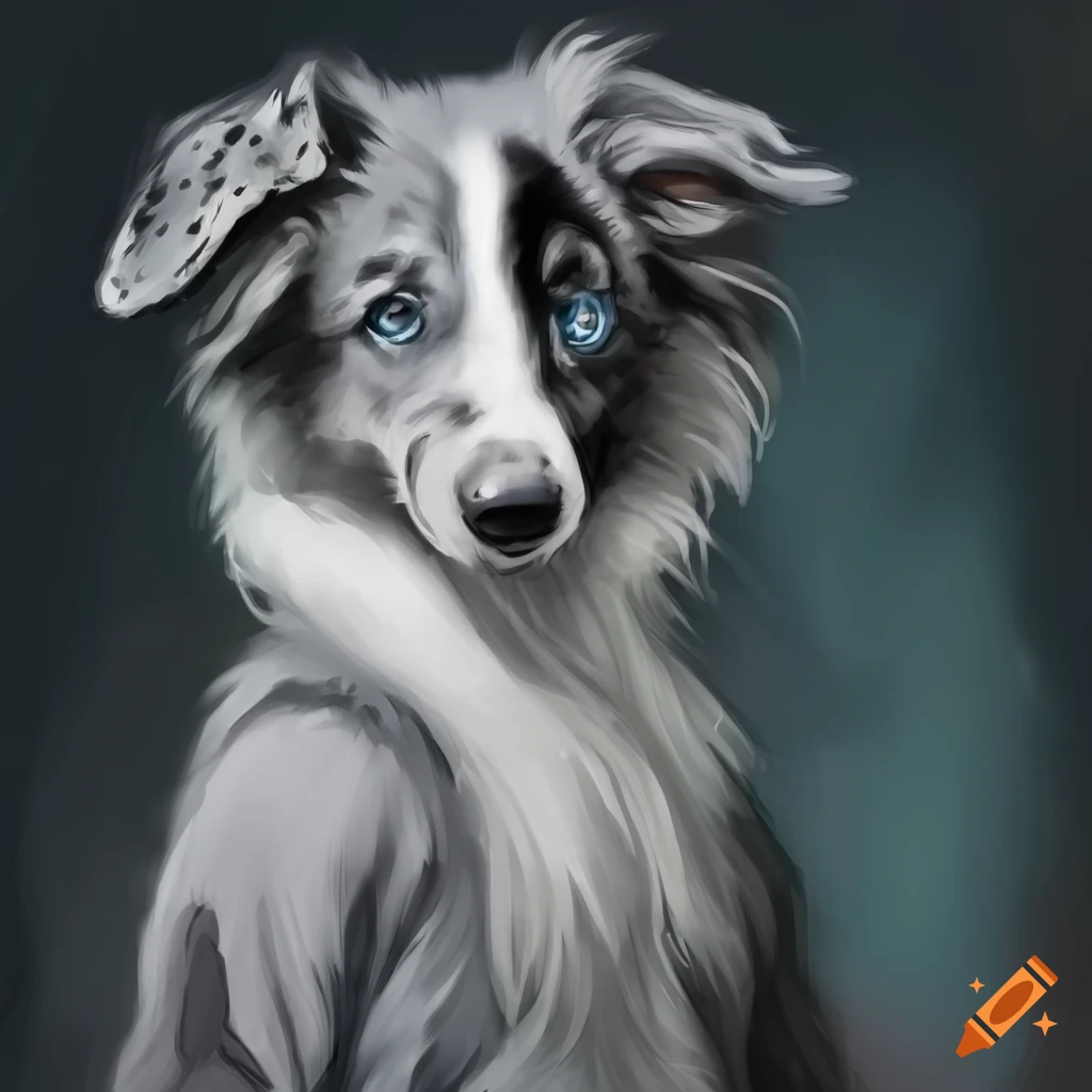 Detailed pencil drawing of a merle border collie boy on Craiyon