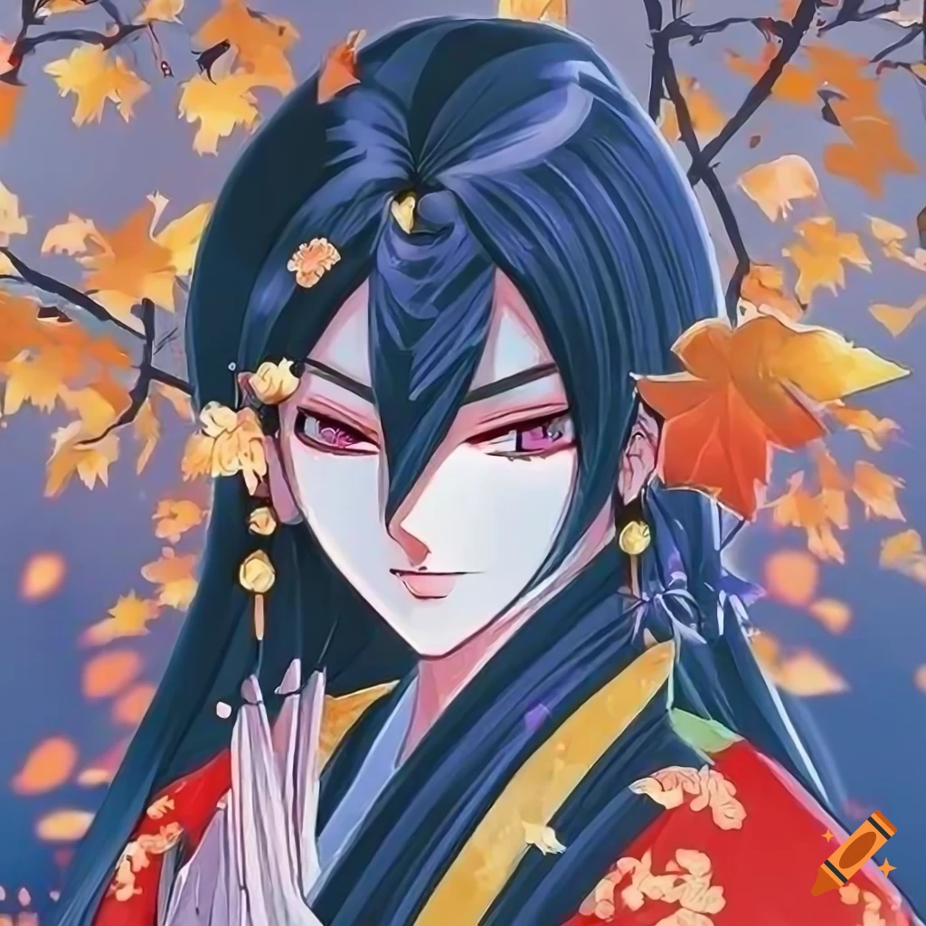Detailed illustration of a japanese emperor in autumn kimono