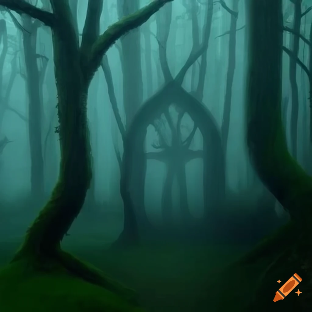 Mossy haunted forest with shadowy figures on Craiyon