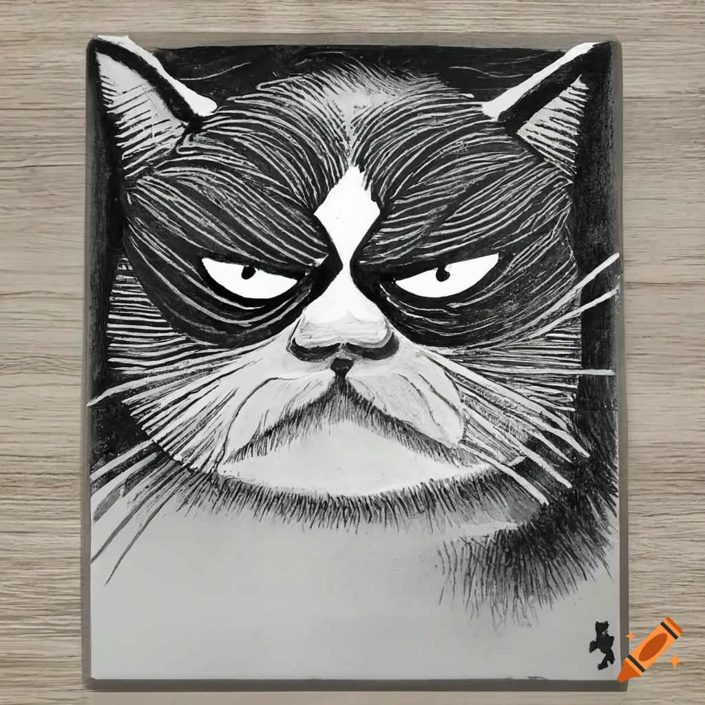 Zen-style black and white ink painting of a grumpy old cat on Craiyon