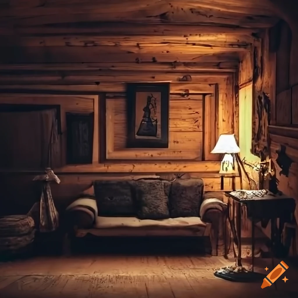 Interior of a dimly lit wooden house living room on Craiyon