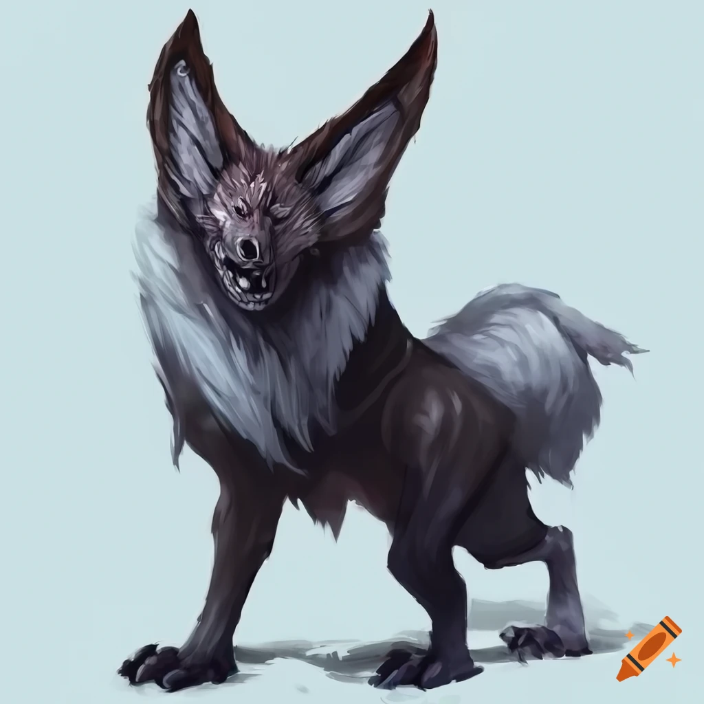 Artwork of a white wolf-bat hybrid with blind eyes on Craiyon