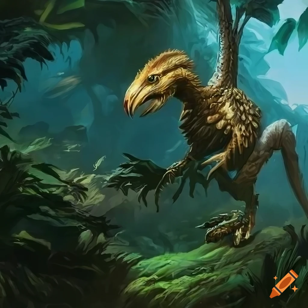 Fantasy art of a bronze gold raptor in the jungle sky on Craiyon