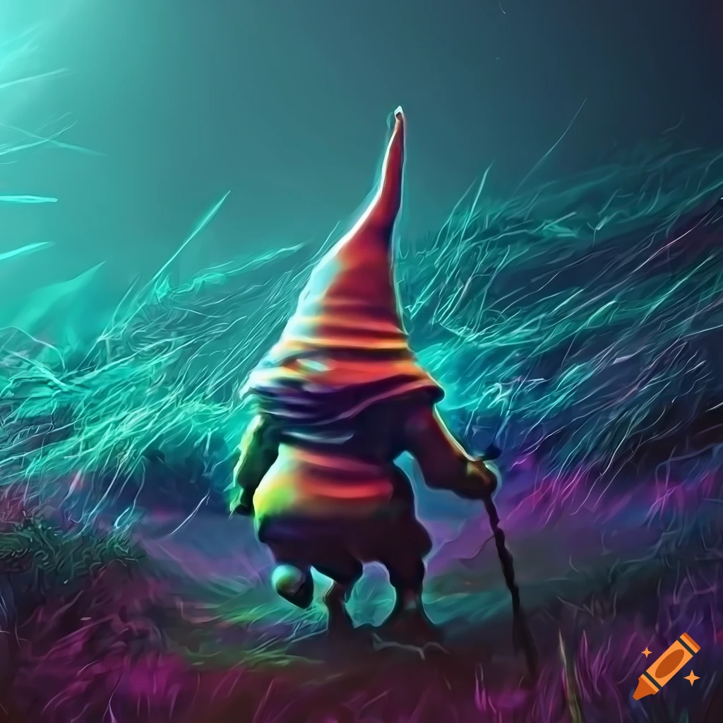 Colorful digital painting of a running gnome in a grassy field on Craiyon