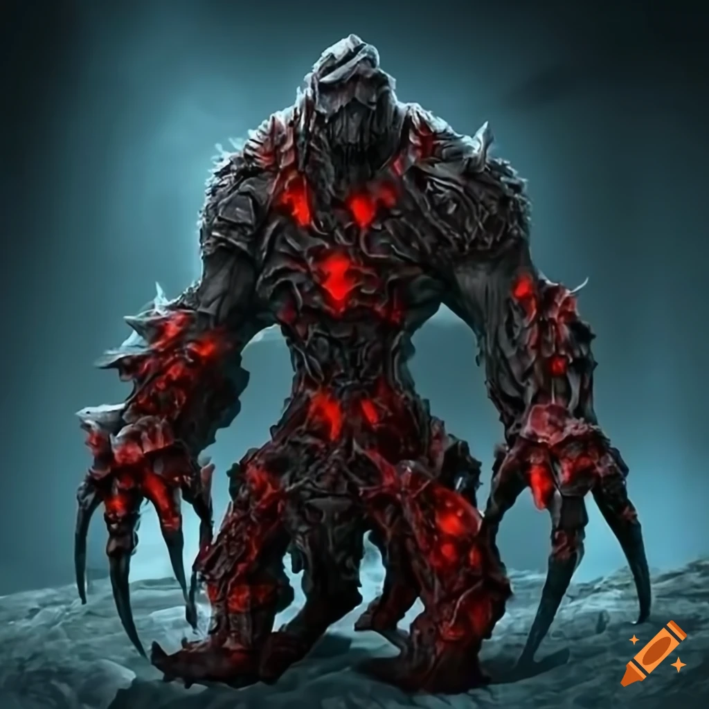 Dark fantasy artwork of a black stone golem with red crystal claws on ...