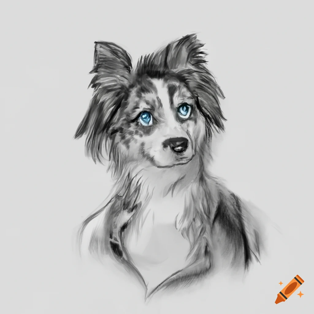 Detailed pencil drawing of an anthro merle australian shepherd girl