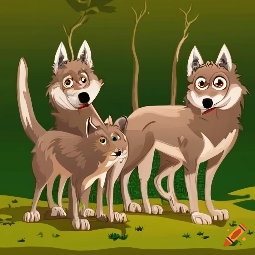 Cartoon wolves in a forest on Craiyon