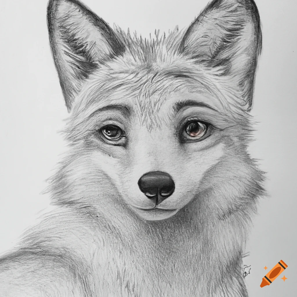 Pencil portrait of a white anthro fox in a forest at night