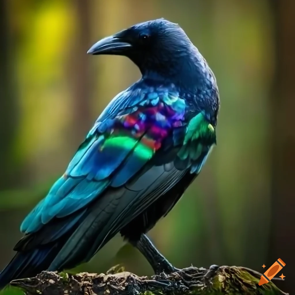 Colorful crow sitting on a whimsical mushroom on Craiyon