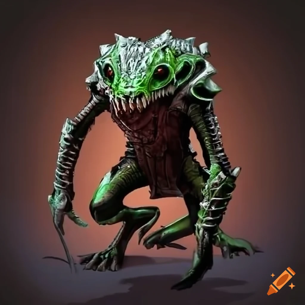Image of a necromorph amphibian in biomechanical armor on Craiyon