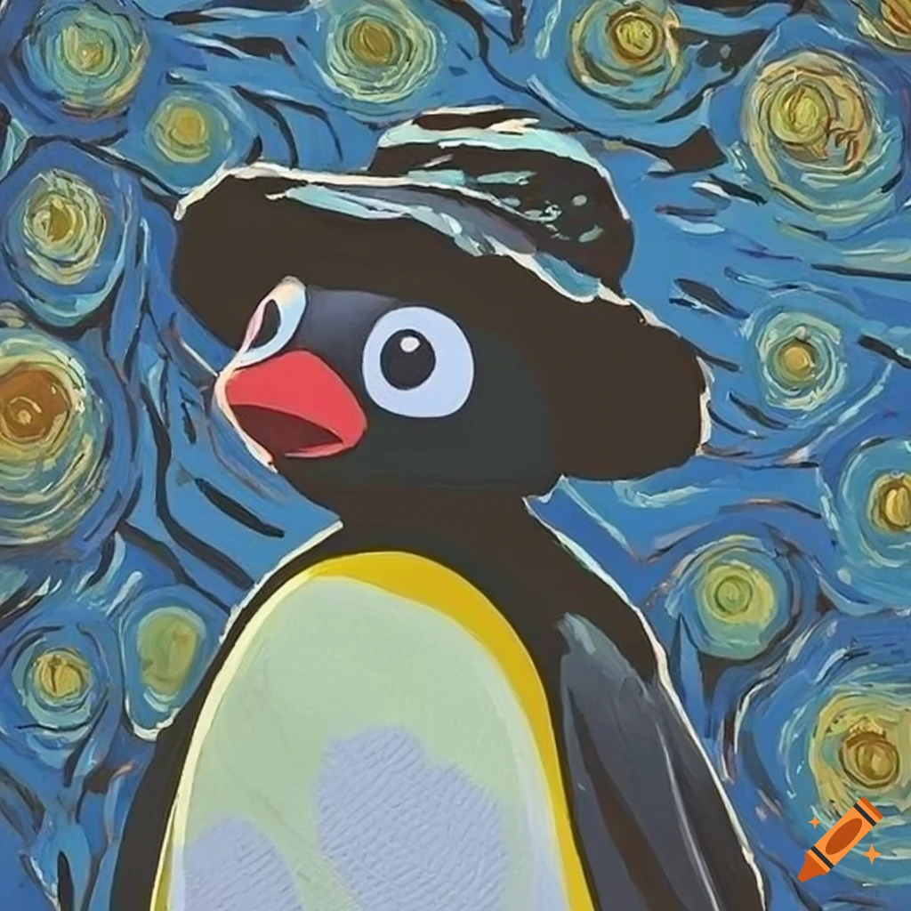 Pingu wearing a bucket hat in the style of van gogh on Craiyon