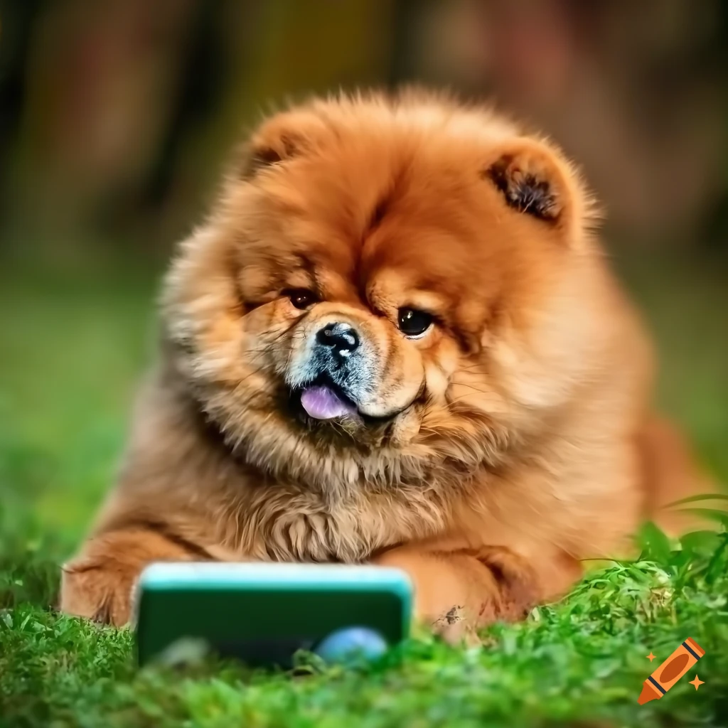 Photorealistic image of a baby chow-chow using a smartphone in a garden