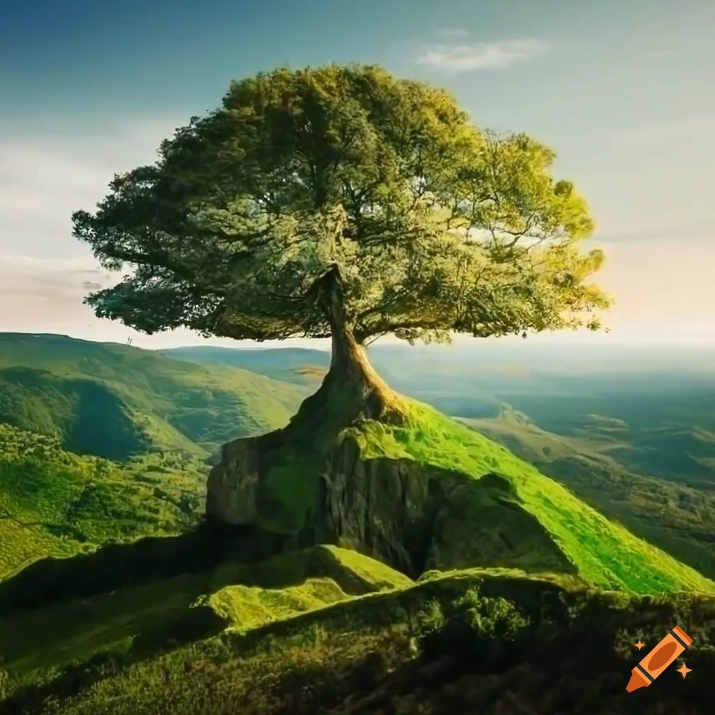 Breathtaking view of a cliff and large tree on a hill on Craiyon