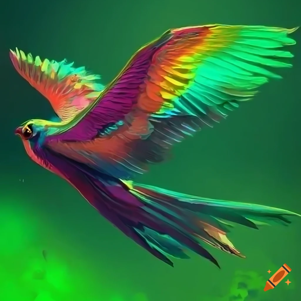 Digital painting of a bird flying over a green background on Craiyon