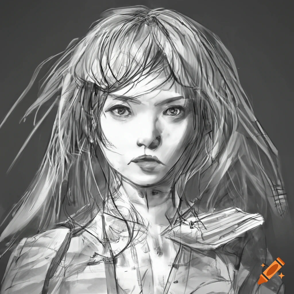 Black and white sketch of a japanese rpg character on Craiyon